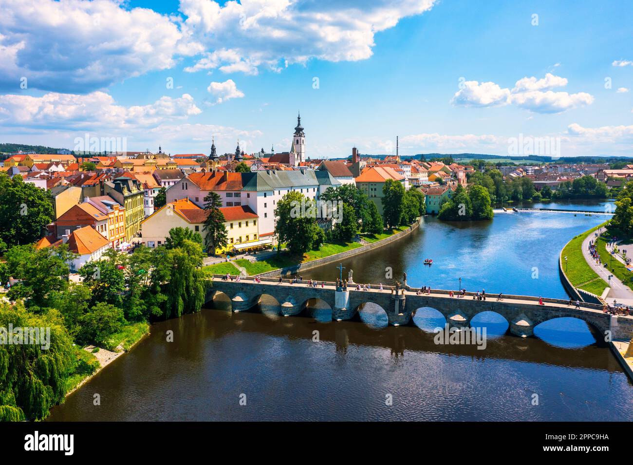 Medieval Town Pisek and historic stone bridge over river Otava in the ...