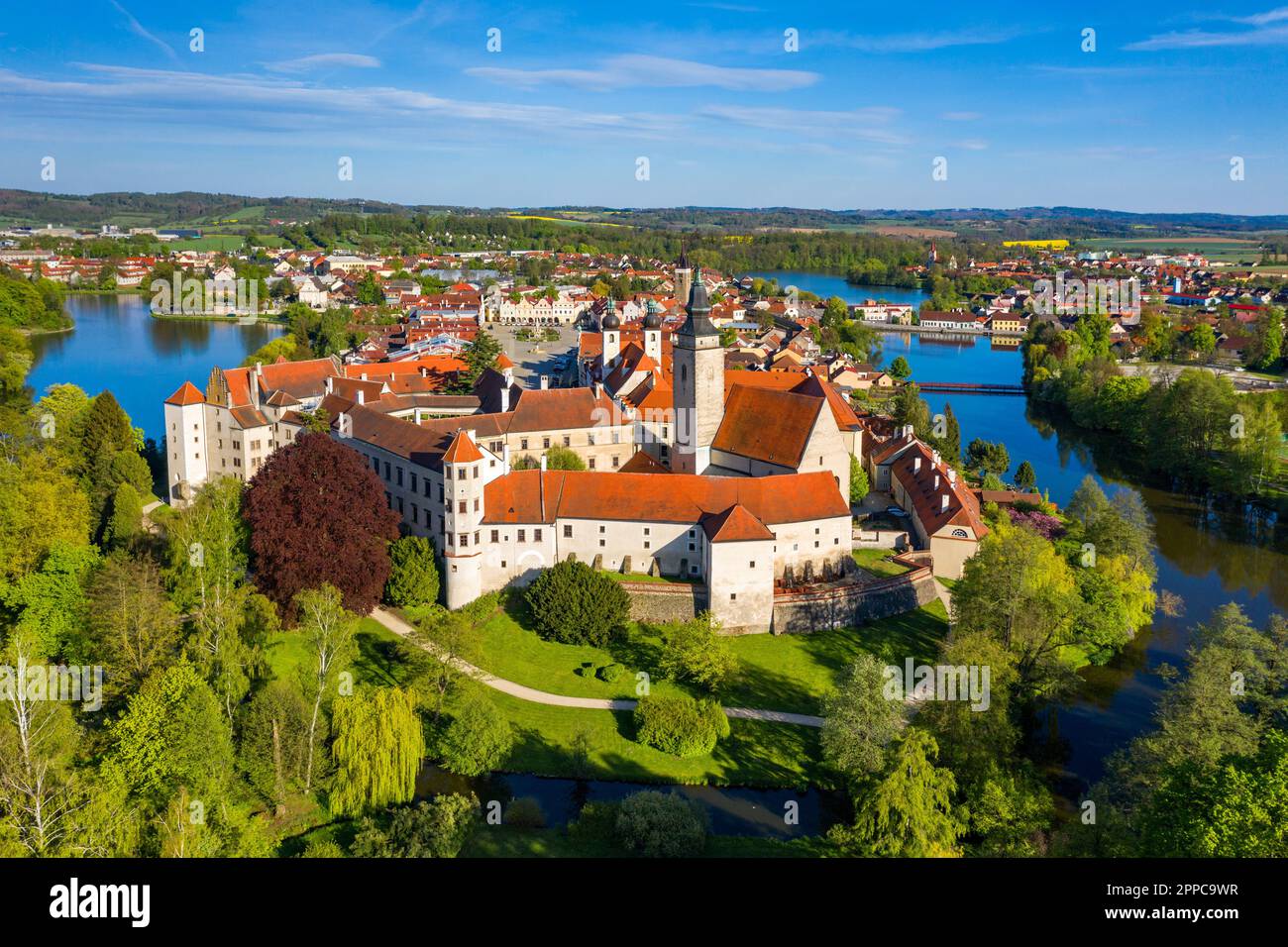 Aerial landscape of small Czech town of Telc with famous Main Square ...
