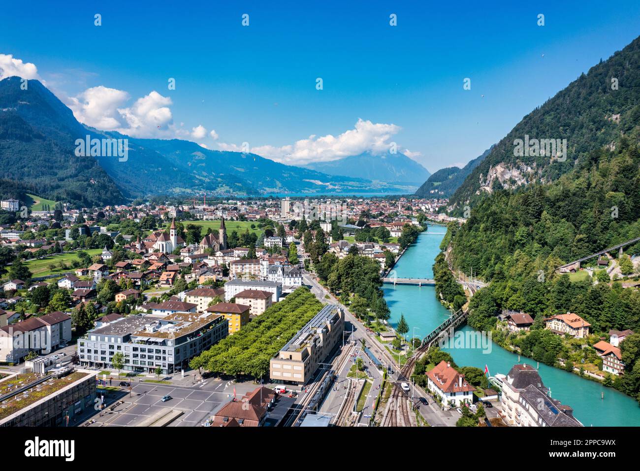 Aerial view over the city of Interlaken in Switzerland. Beautiful view ...