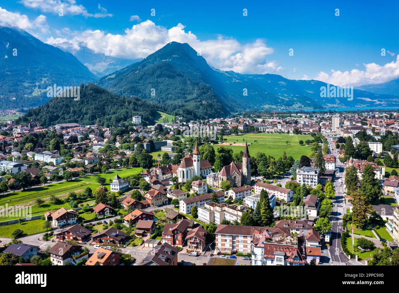 Aerial view over the city of Interlaken in Switzerland. Beautiful view ...