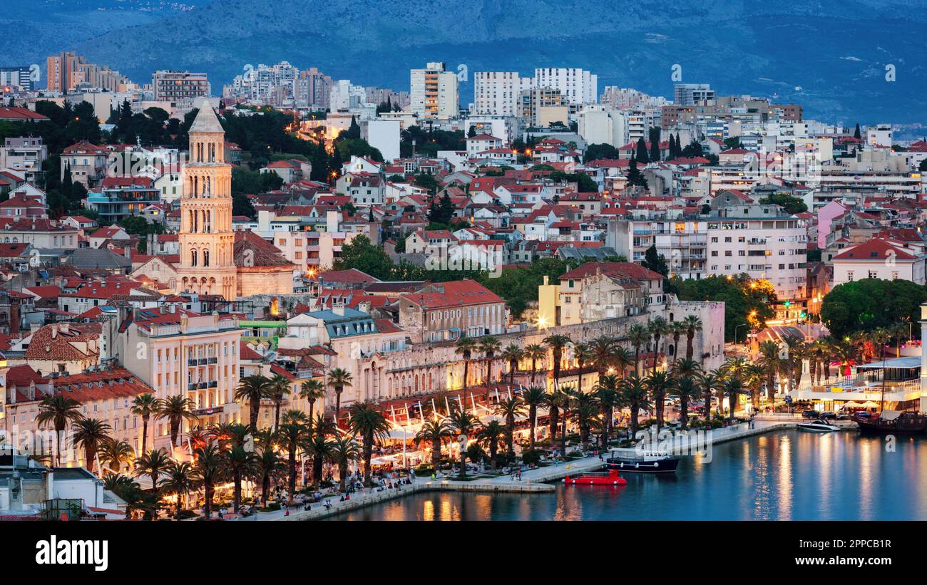 Amazing Split city waterfront panorama at blue hour, Dalmatia, Europe ...