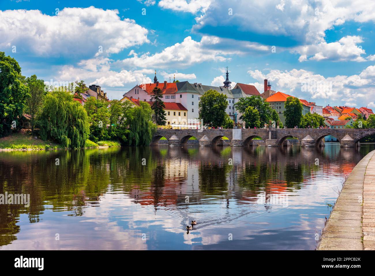 Medieval Town Pisek and historic stone bridge over river Otava in the ...
