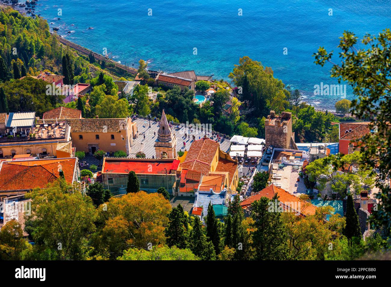 Taormina and San Giuseppe church on the square Piazza IX Aprile in ...