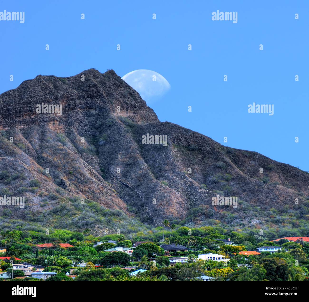Moon Behind Diamond Head Oahu Hawaiian Islands USA Stock Photo - Alamy