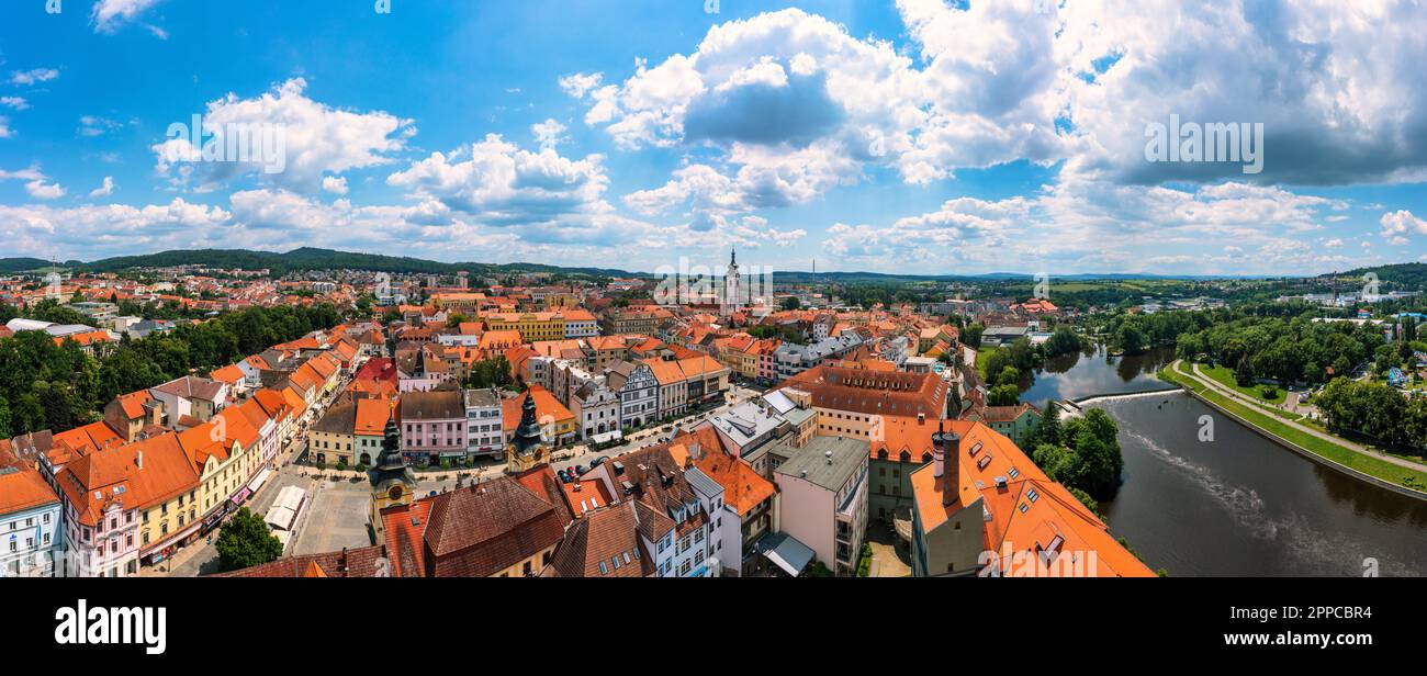 Medieval Town Pisek and historic stone bridge over river Otava in the ...