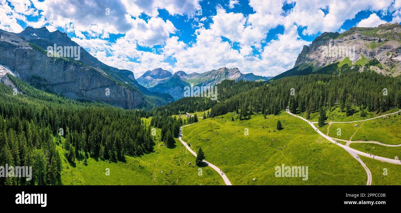 Panoramic view of idyllic mountain scenery in the Alps with fresh green meadows in bloom on a ...