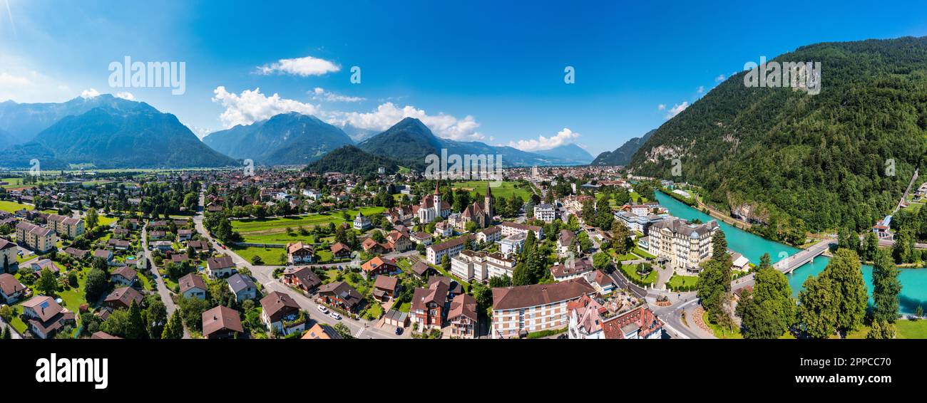 Aerial view over the city of Interlaken in Switzerland. Beautiful view ...