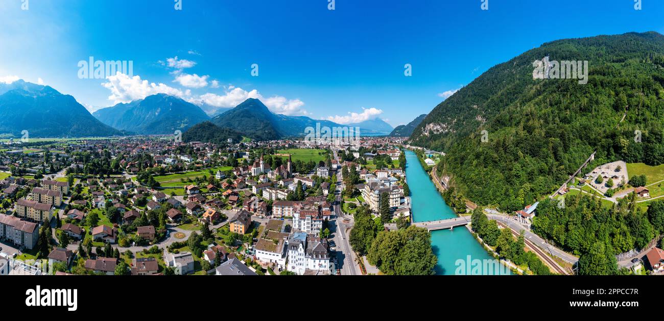 Aerial view over the city of Interlaken in Switzerland. Beautiful view ...