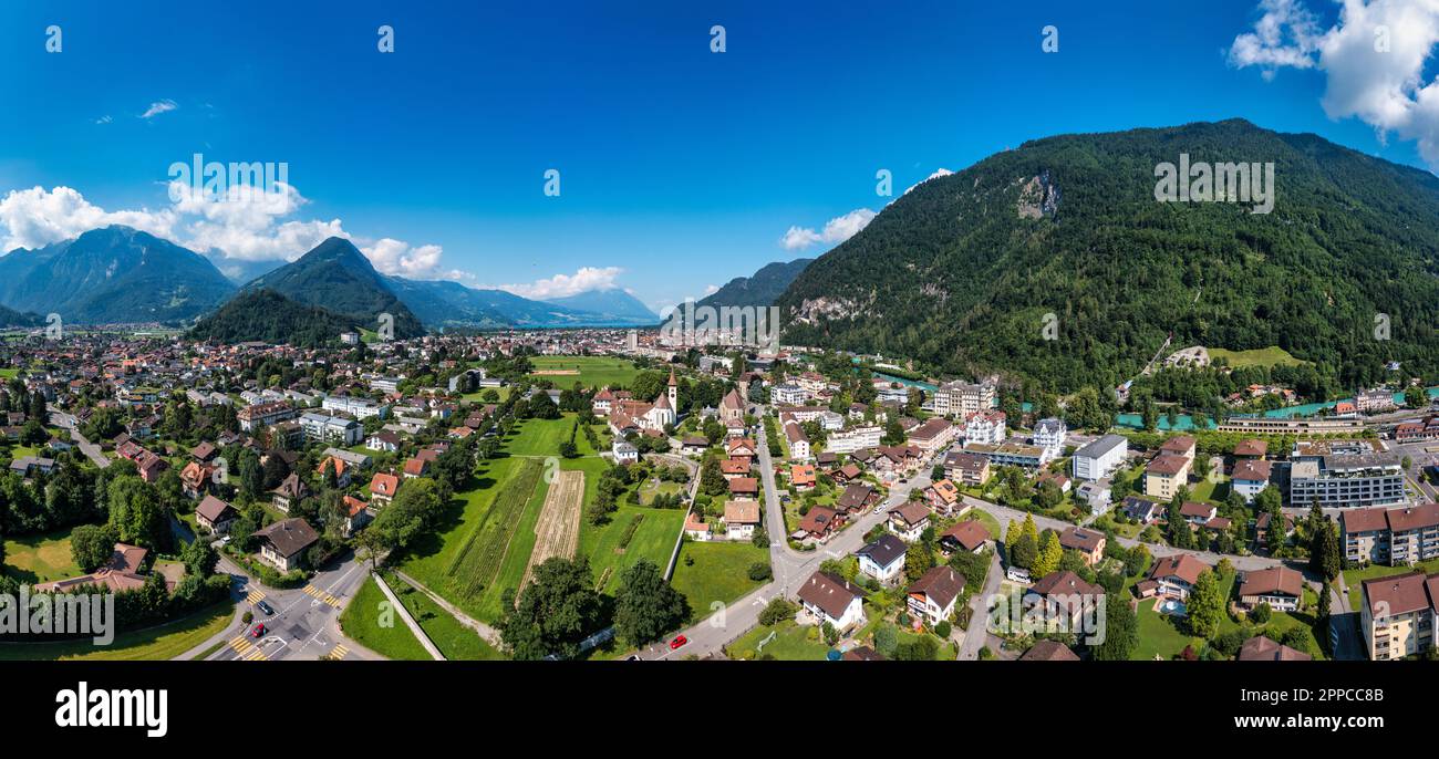 Aerial view over the city of Interlaken in Switzerland. Beautiful view ...