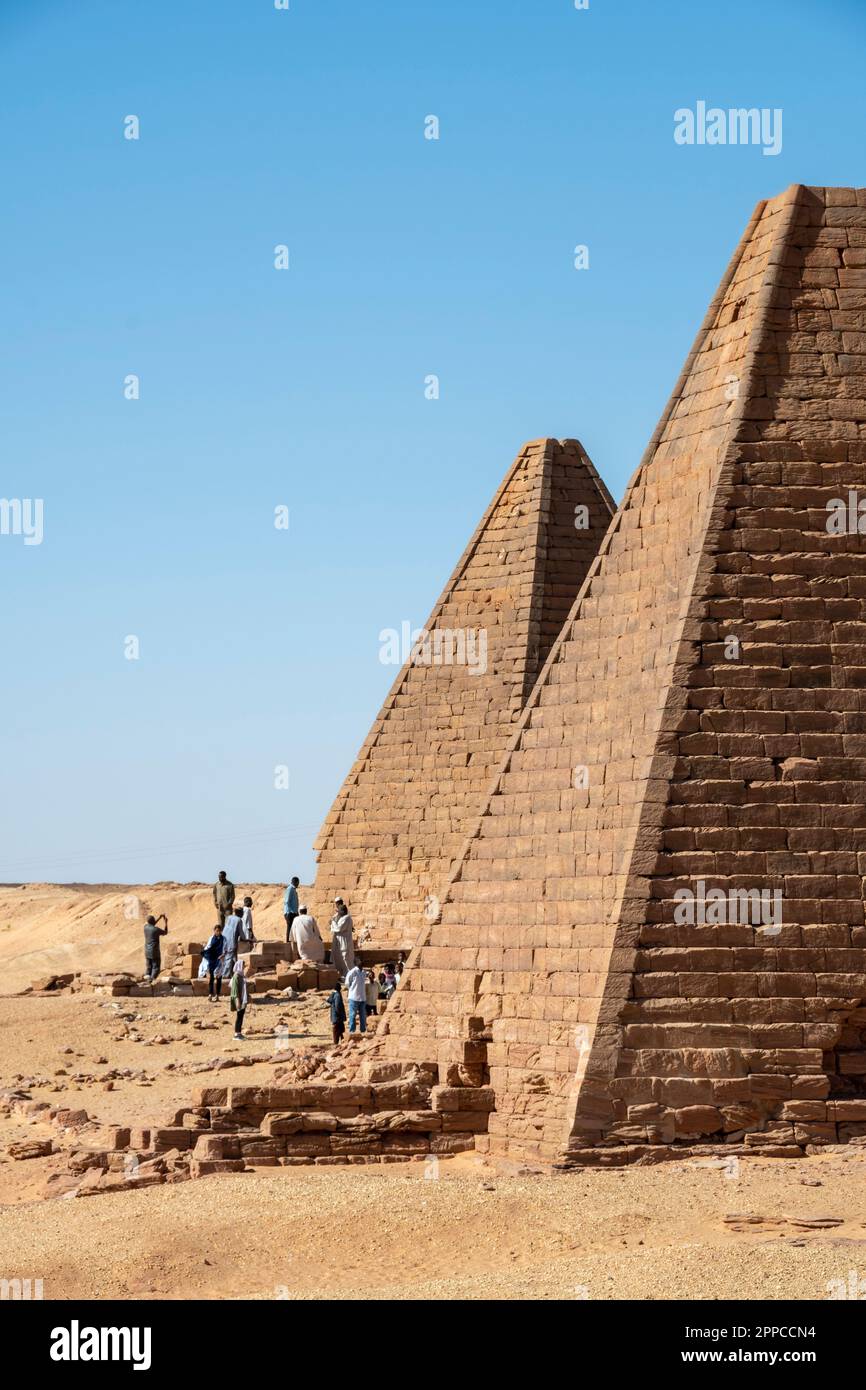 Visitors at the Royal Cemetery Pyramids of Jebel Barkal, Karima, Sudan ...