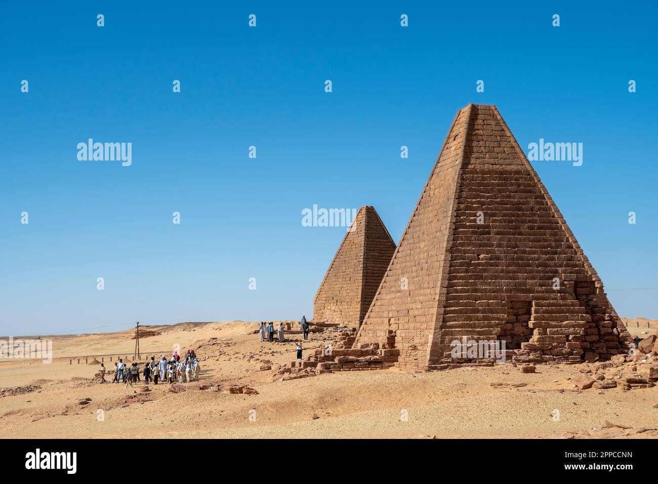 Visitors at the Royal Cemetery Pyramids of Jebel Barkal, Karima, Sudan ...