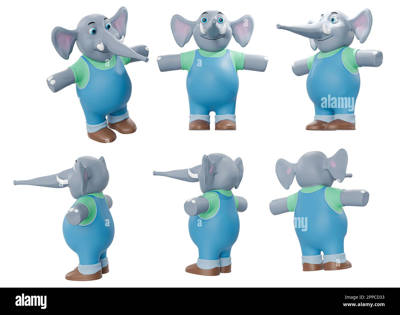 Cartoon Elephant different angles isolated on white background high ...