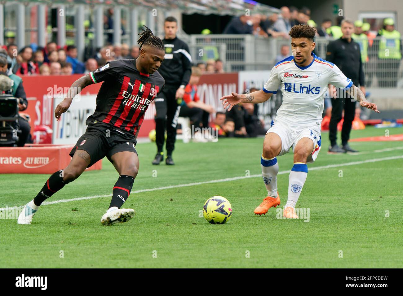 Milan, Italy. 23rd Apr, 2023. Rafael Leao (AC Milan) and Valentin ...