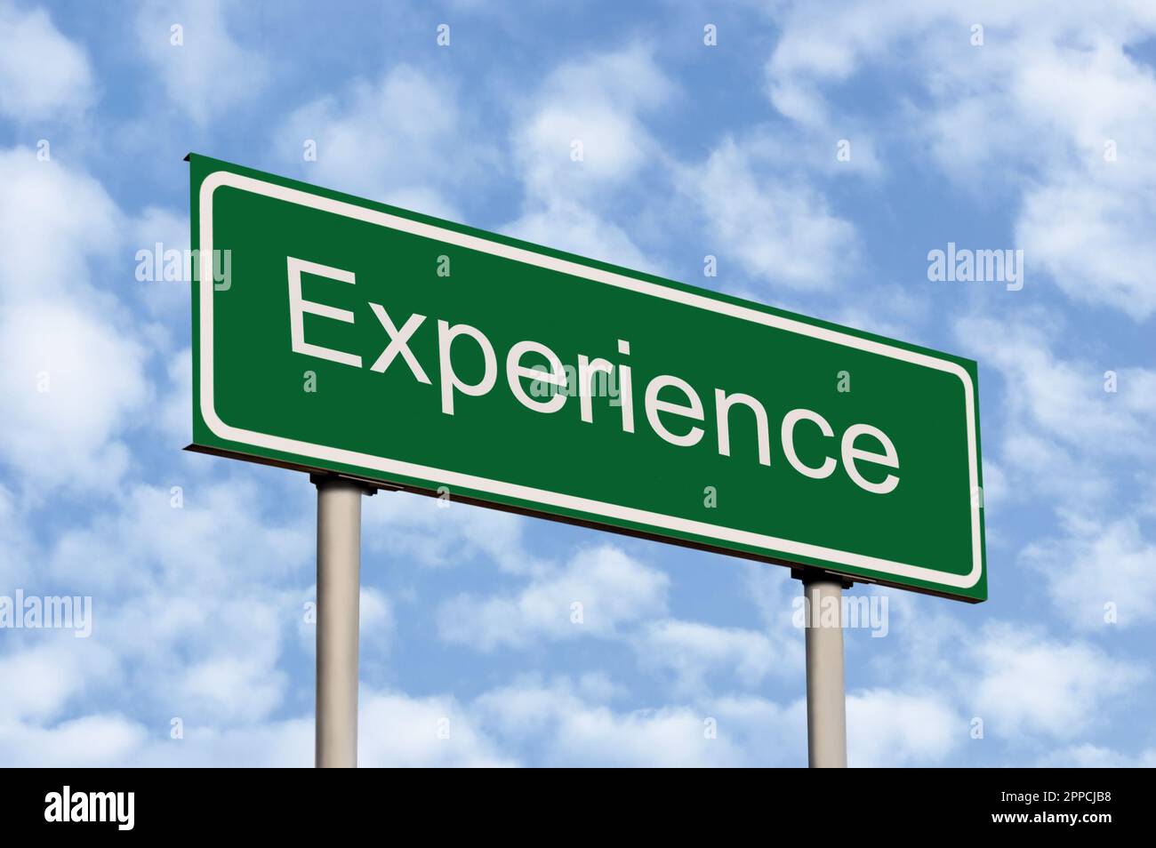 Experience concept green destination road sign white text frame grey ...