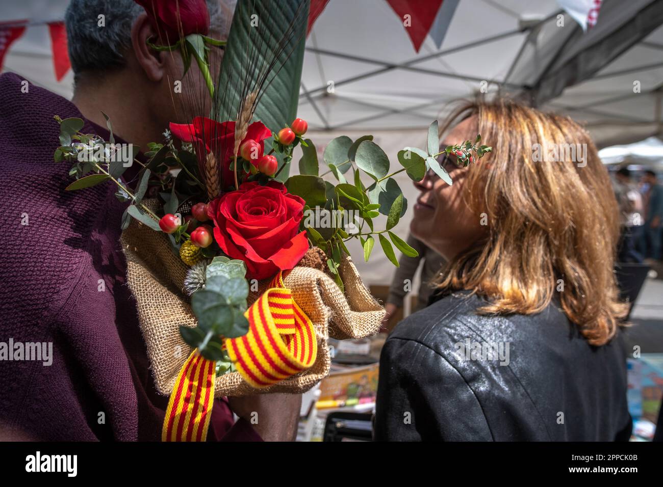 Barcelona, Spain. 23rd Apr, 2023. Red roses are seen during Sant Jordi ...
