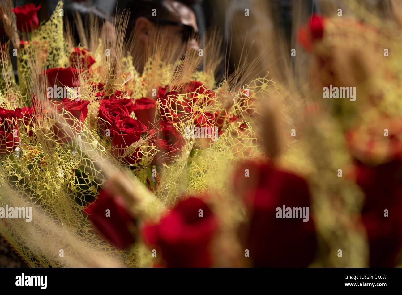 Barcelona, Spain. 23rd Apr, 2023. Red roses ready to sell are seen at a ...