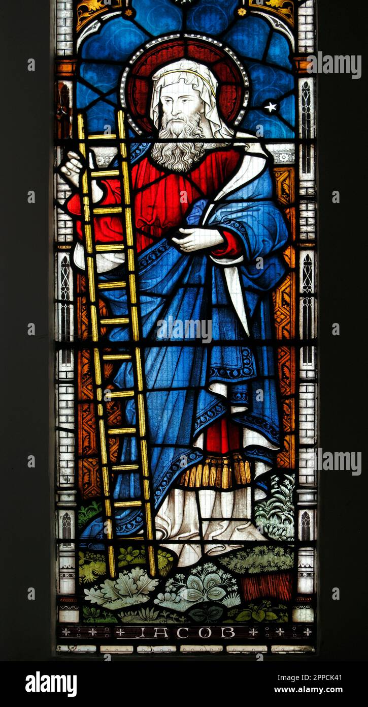 Stained glass window depicting Jacob and showing his ladder, used to ...