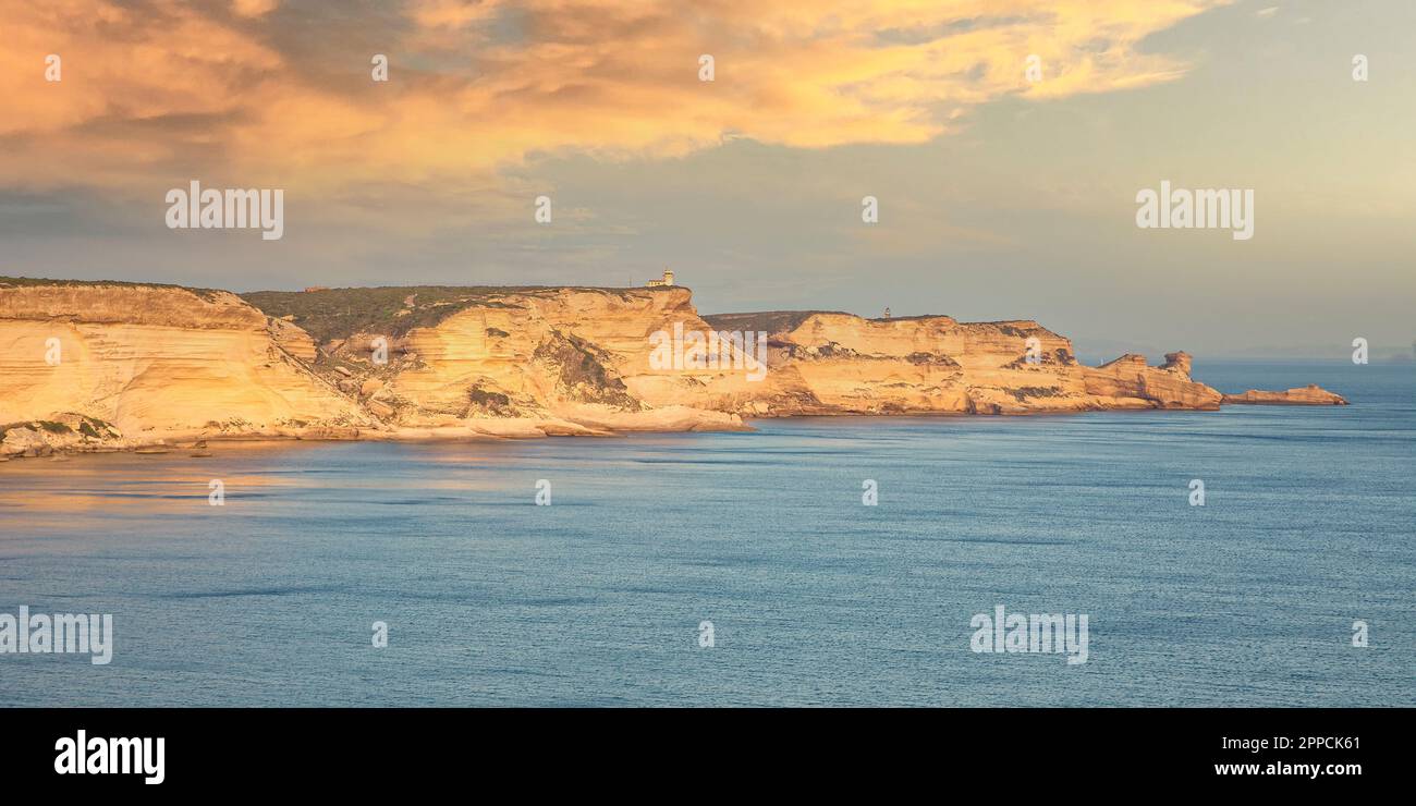 Sunset view of the cliffs of Bonifacio. The famous white cliffs of ...