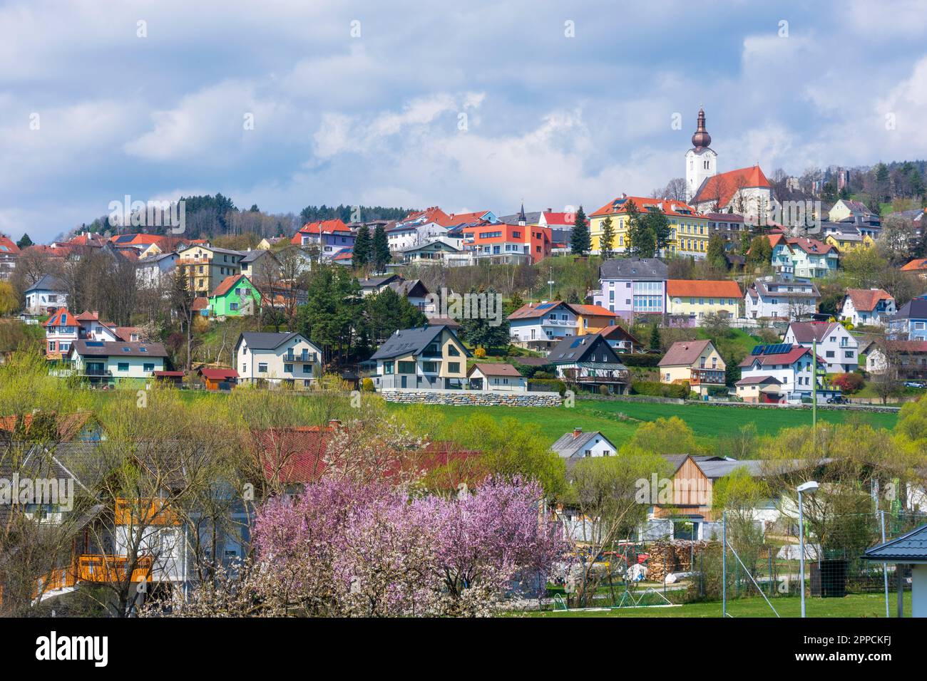 Friedberg: church Friedberg, town center on hill in Steirisches ...