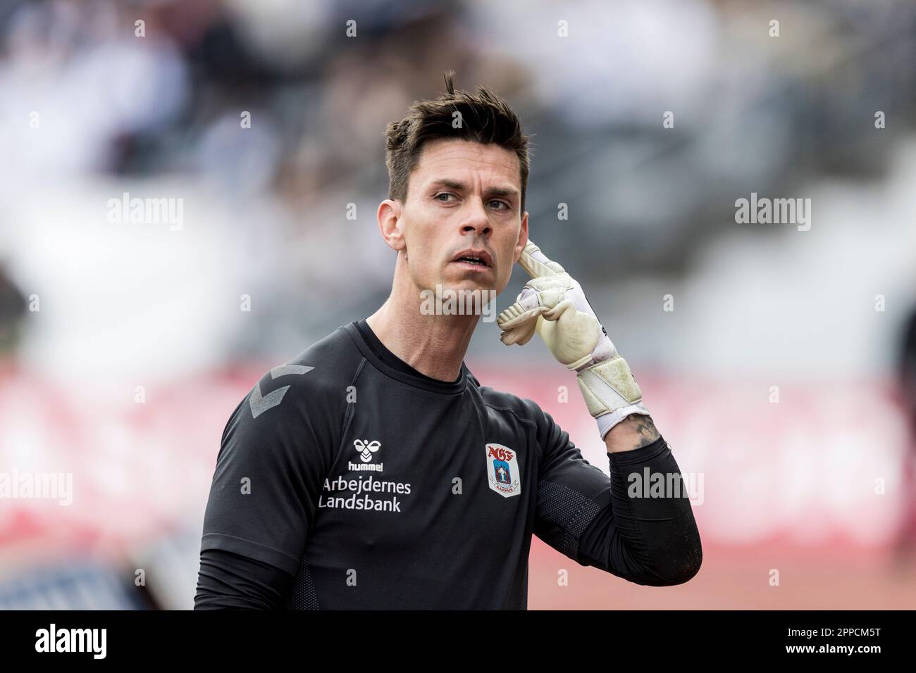 Aarhus, Denmark. 23rd Apr, 2023. Goalkeeper Jesper Hansen of AGF is ...