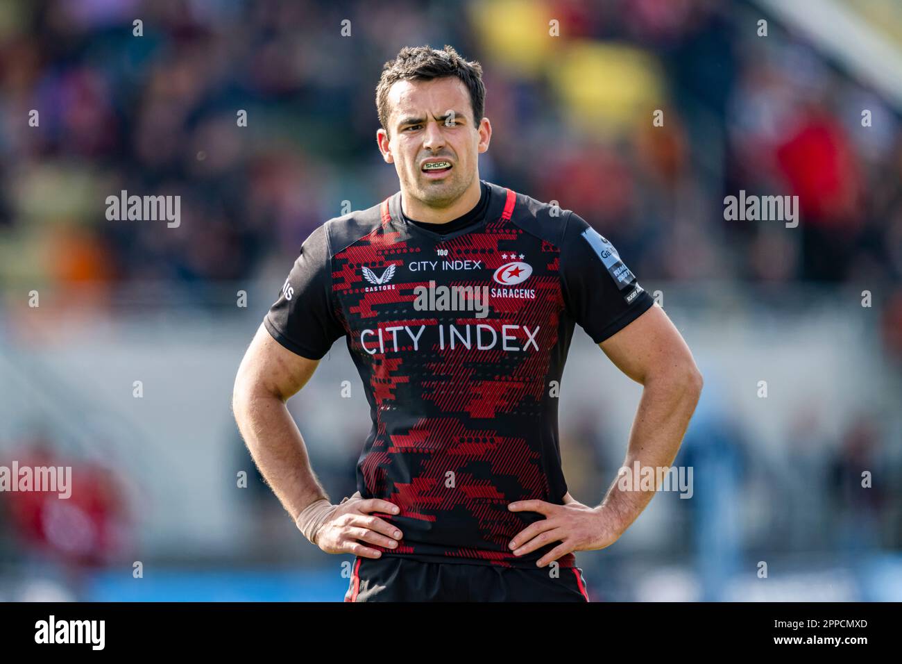 LONDON, UNITED KINGDOM. 23th, Apr 2023. Alex Lozowski of Saracens looks ...