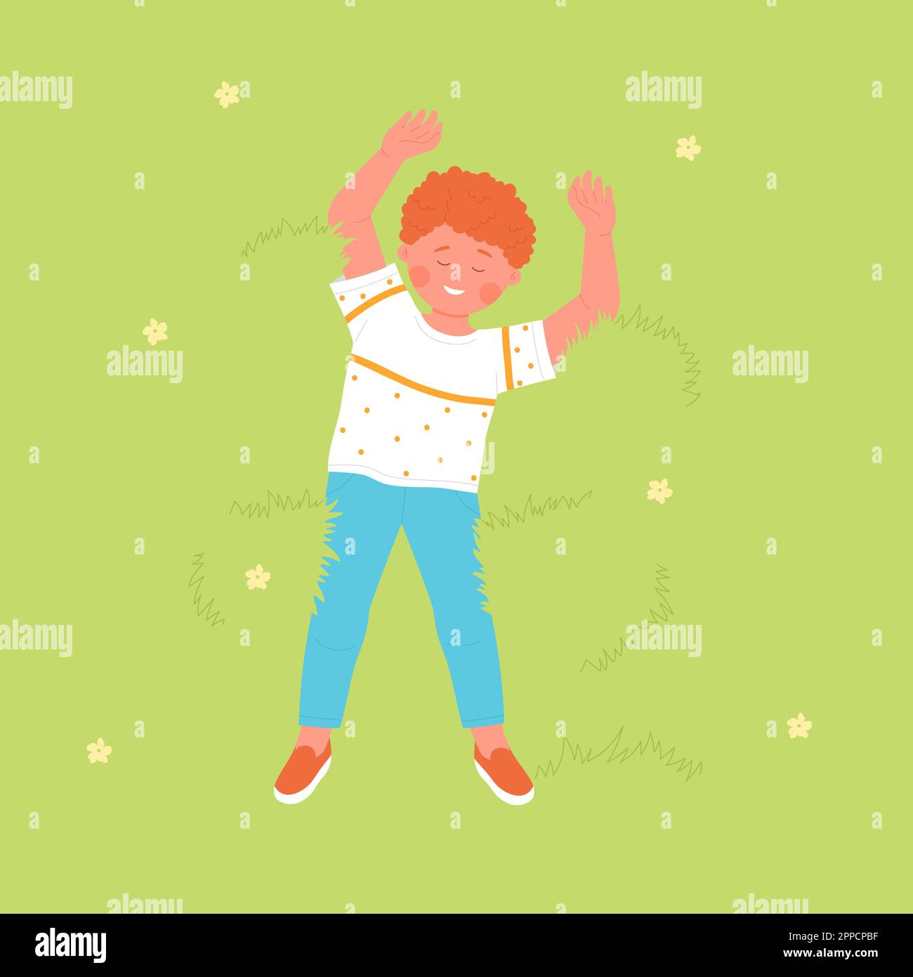Childhood top view concept. Happy cute red hair boy lying on carpet ...