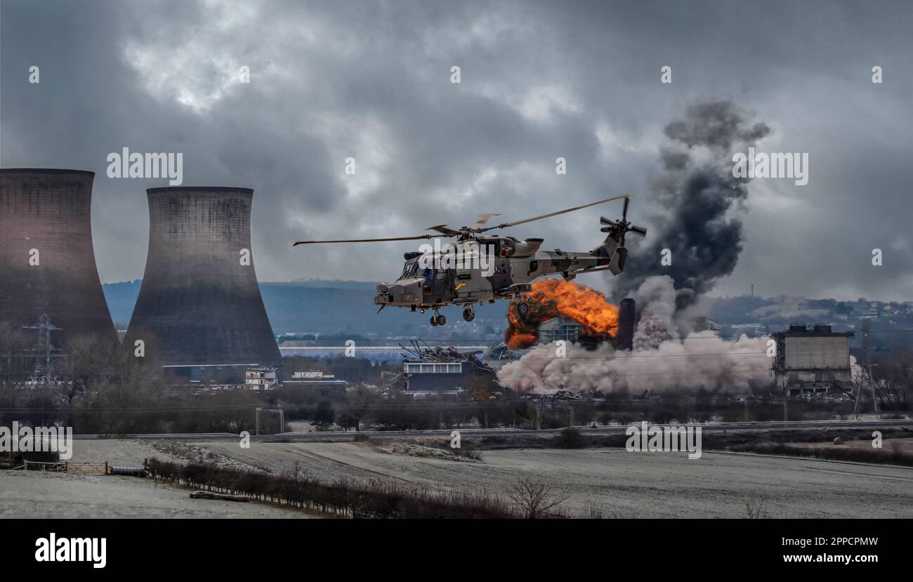 Depiction of Westland Wildcat attacking power station Stock Photo - Alamy