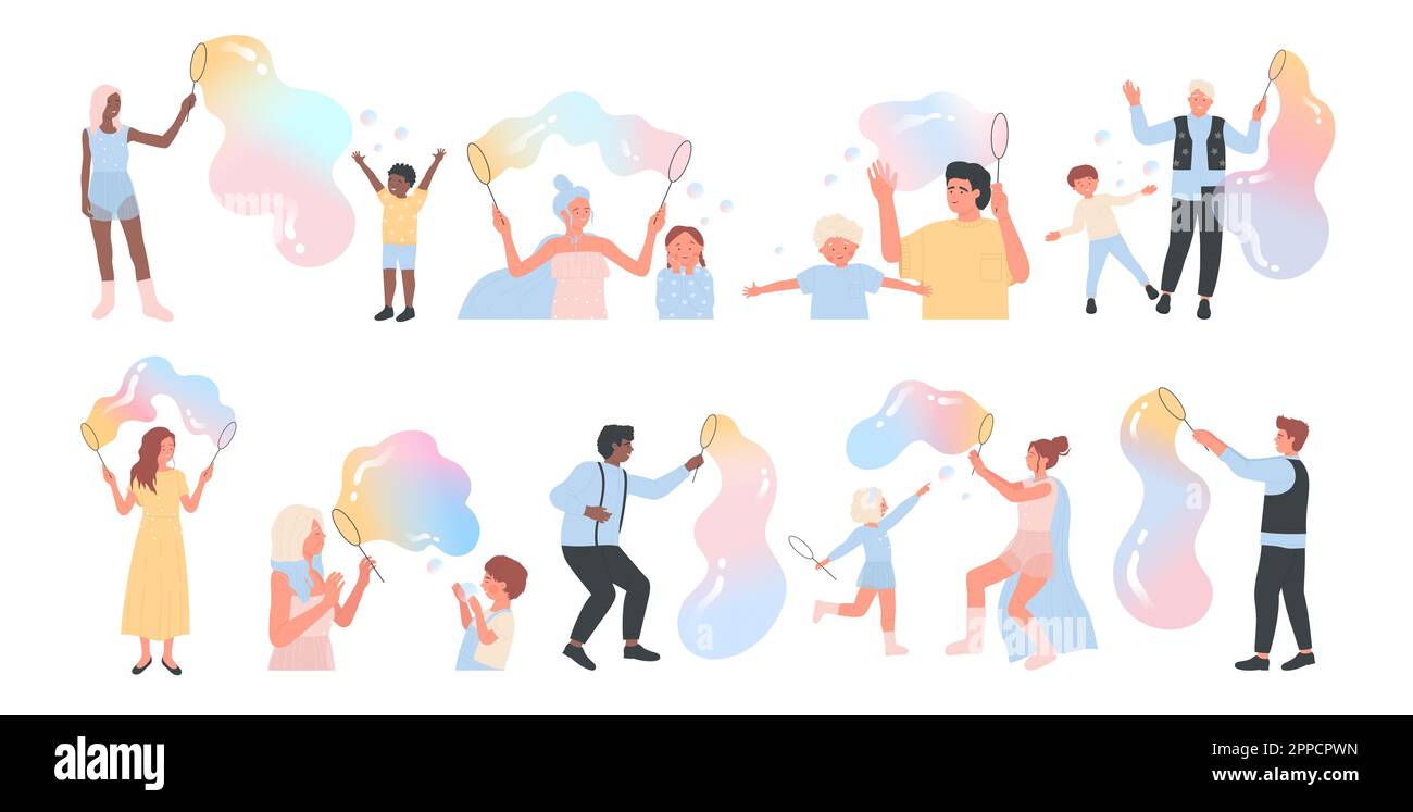 Soap bubble show set vector illustration. Cartoon isolated kids and ...