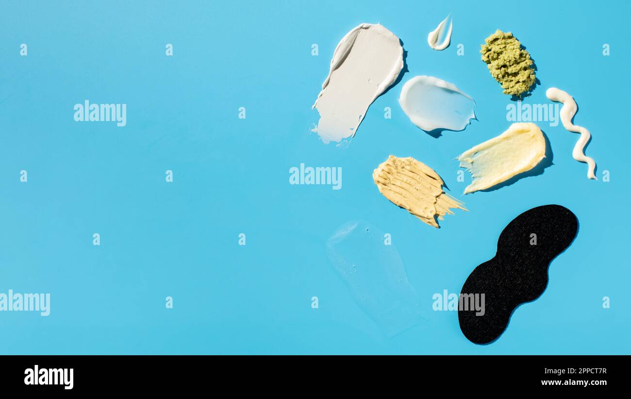 Samples and textures of various cosmetics for skin and hair care ...