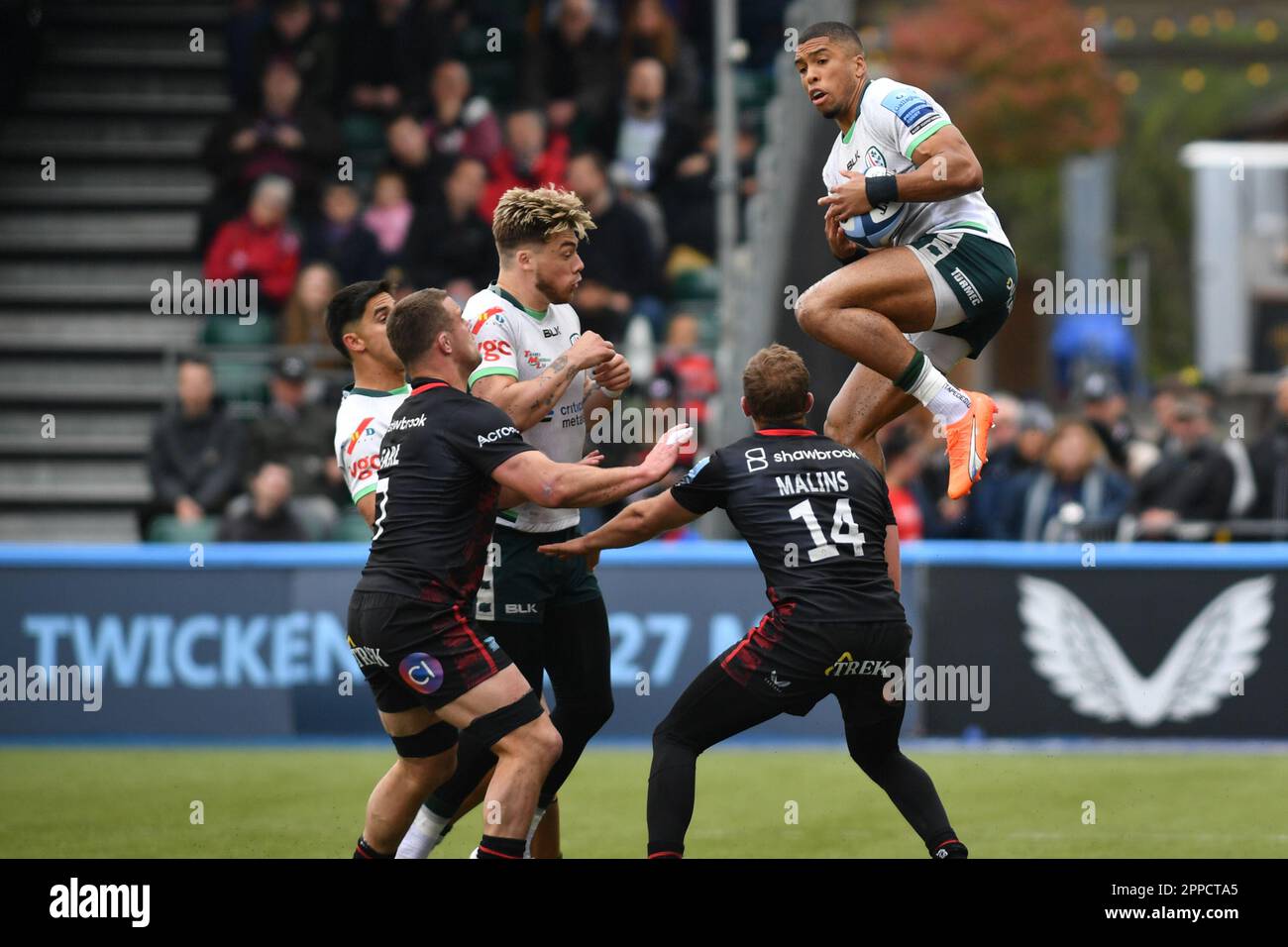 London, UK. 23rd Apr, 2023. Ben Loader of London Irish collects the ...