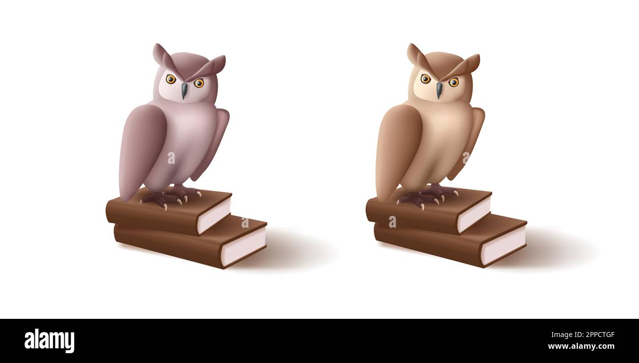 3d brown owl illustration standing on books, college or school ...