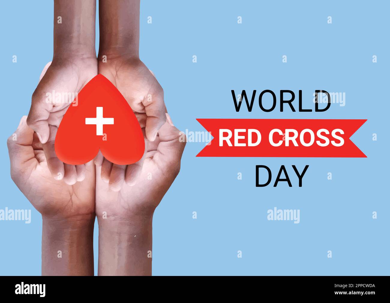 World Red Cross Day concept. Hands holding red heart symbol on blue ...