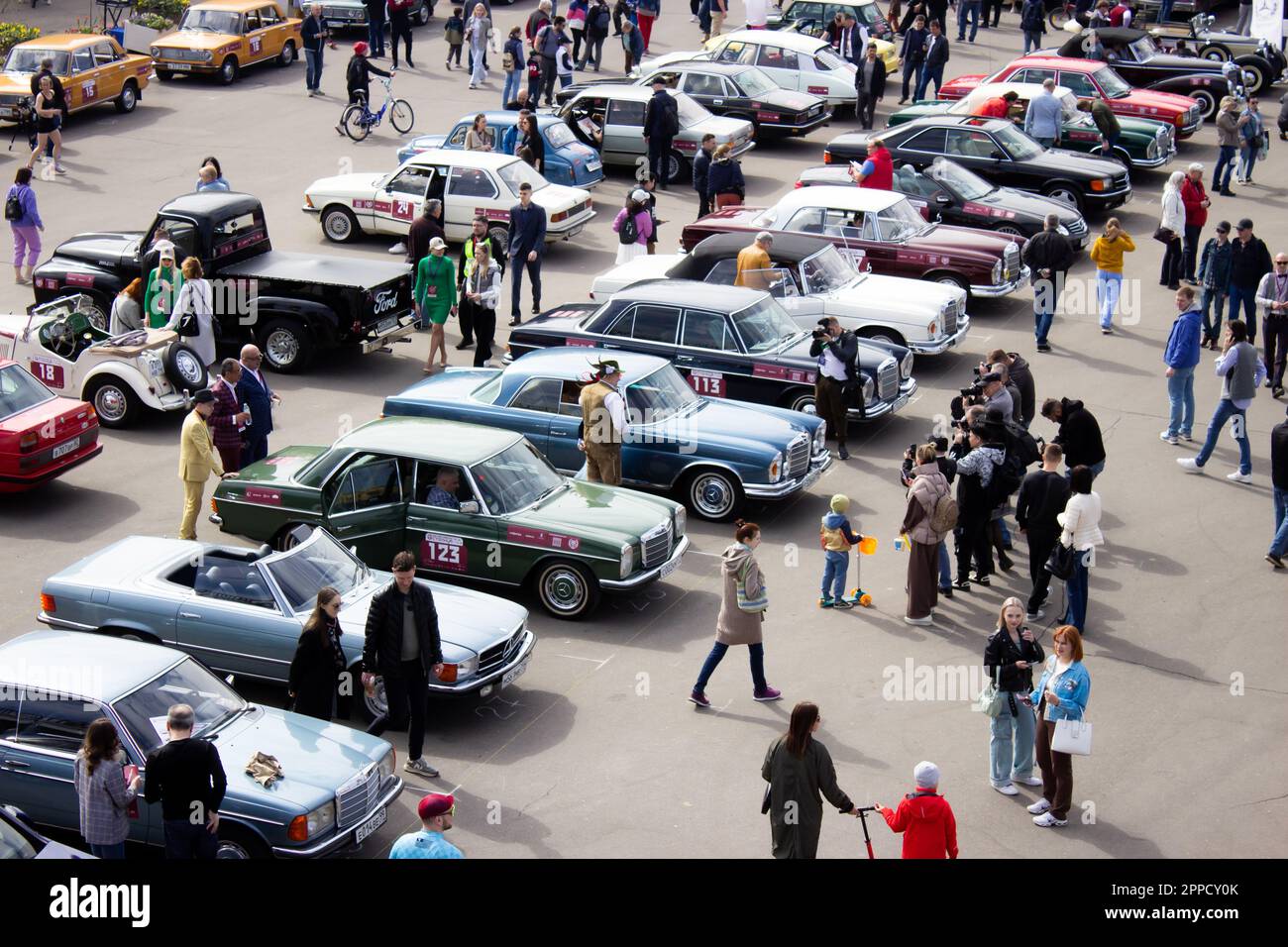 Moscow, Russia. 23rd Apr, 2023. People attend a rally of retro cars ...