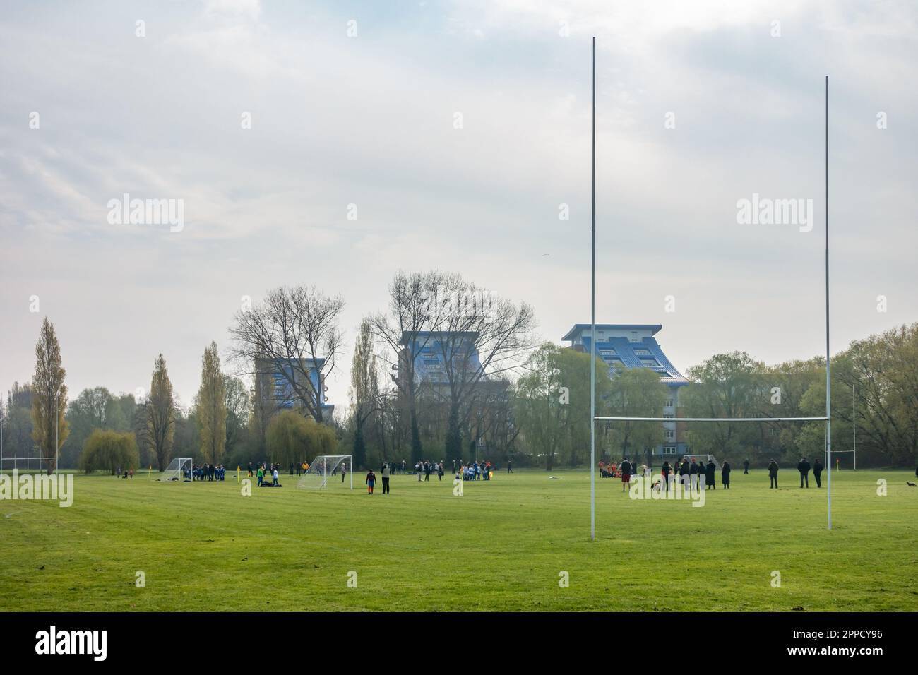 A view looking across sports fields with rugby and football goals at ...