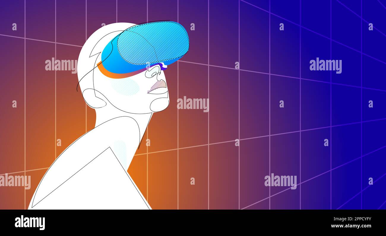 Woman wearing virtual reality headset line drawing. Metaverse ...