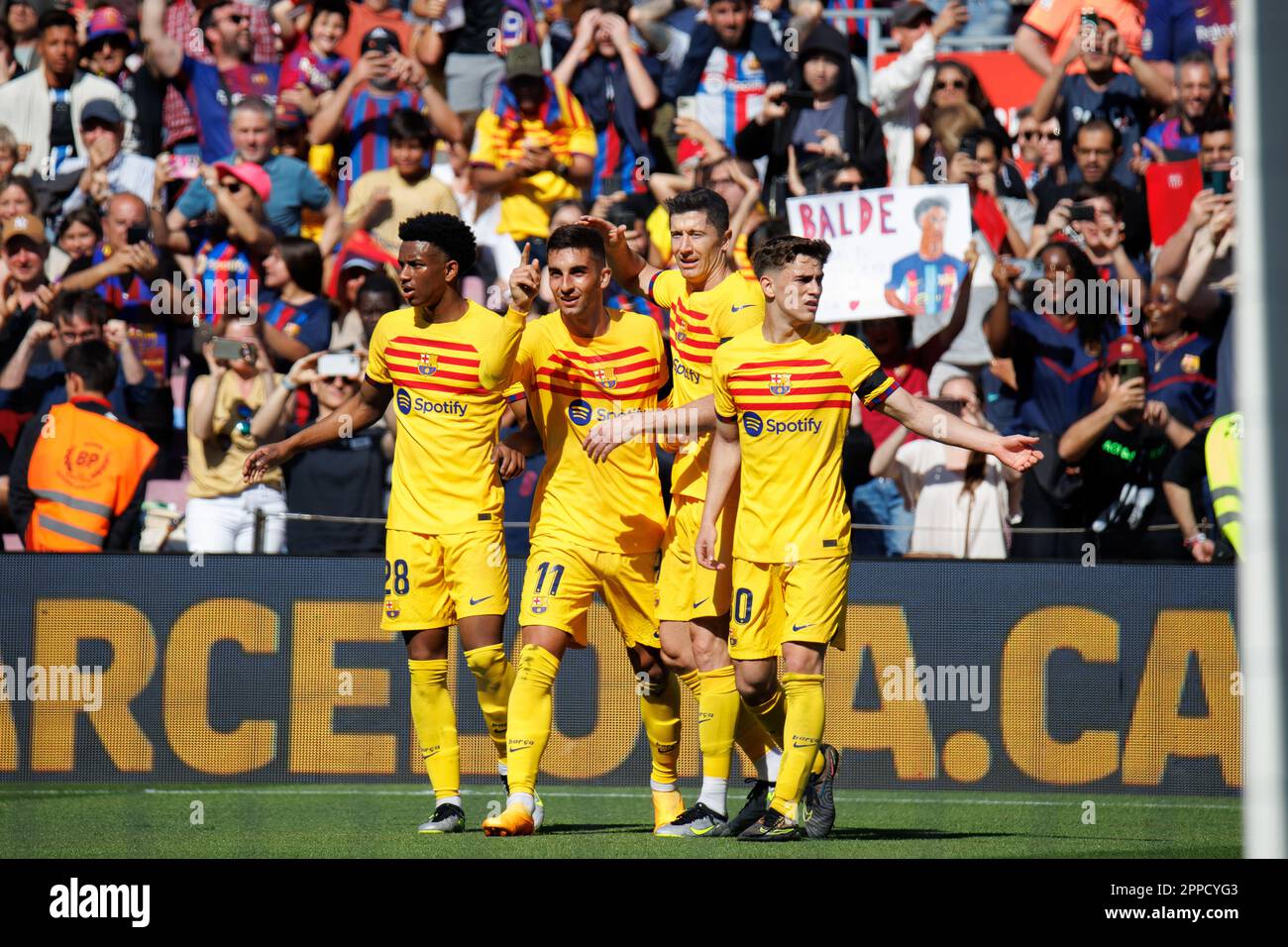 Barcelona, Spain. 23rd Apr, 2023. Ferran Torres celebrates after ...