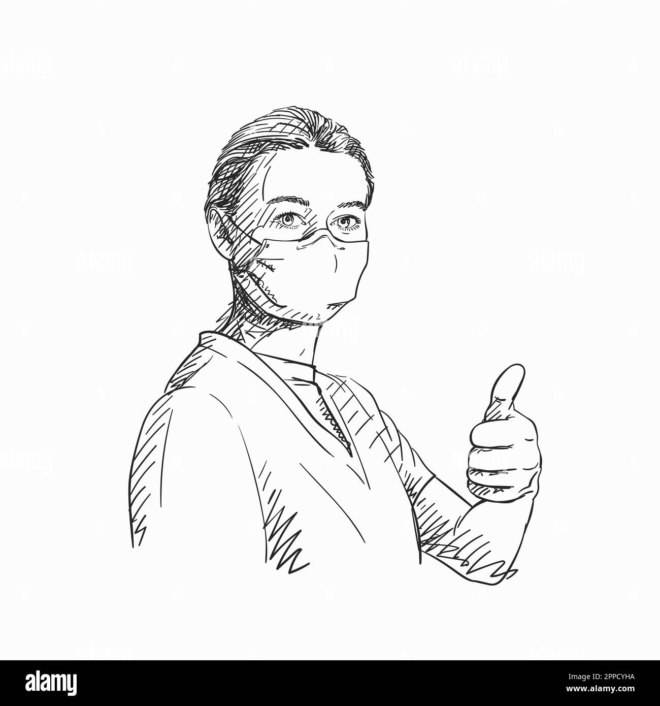 Sketch of woman wearing medical face mask showing thumb up gesture ...