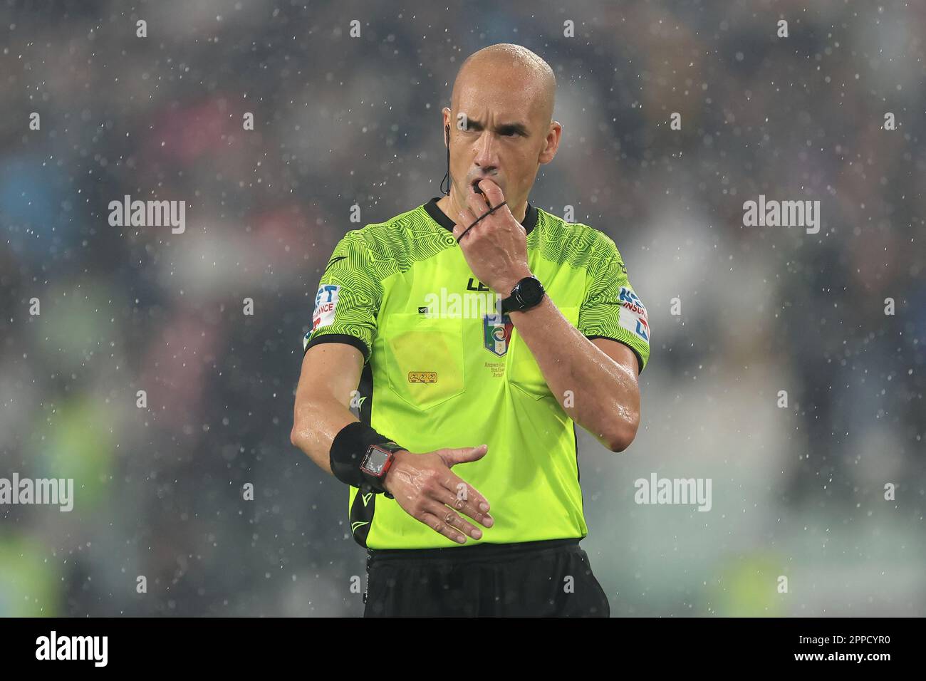 Turin, Italy, 23rd April 2023. The Referee Michael Fabbri reacts during ...