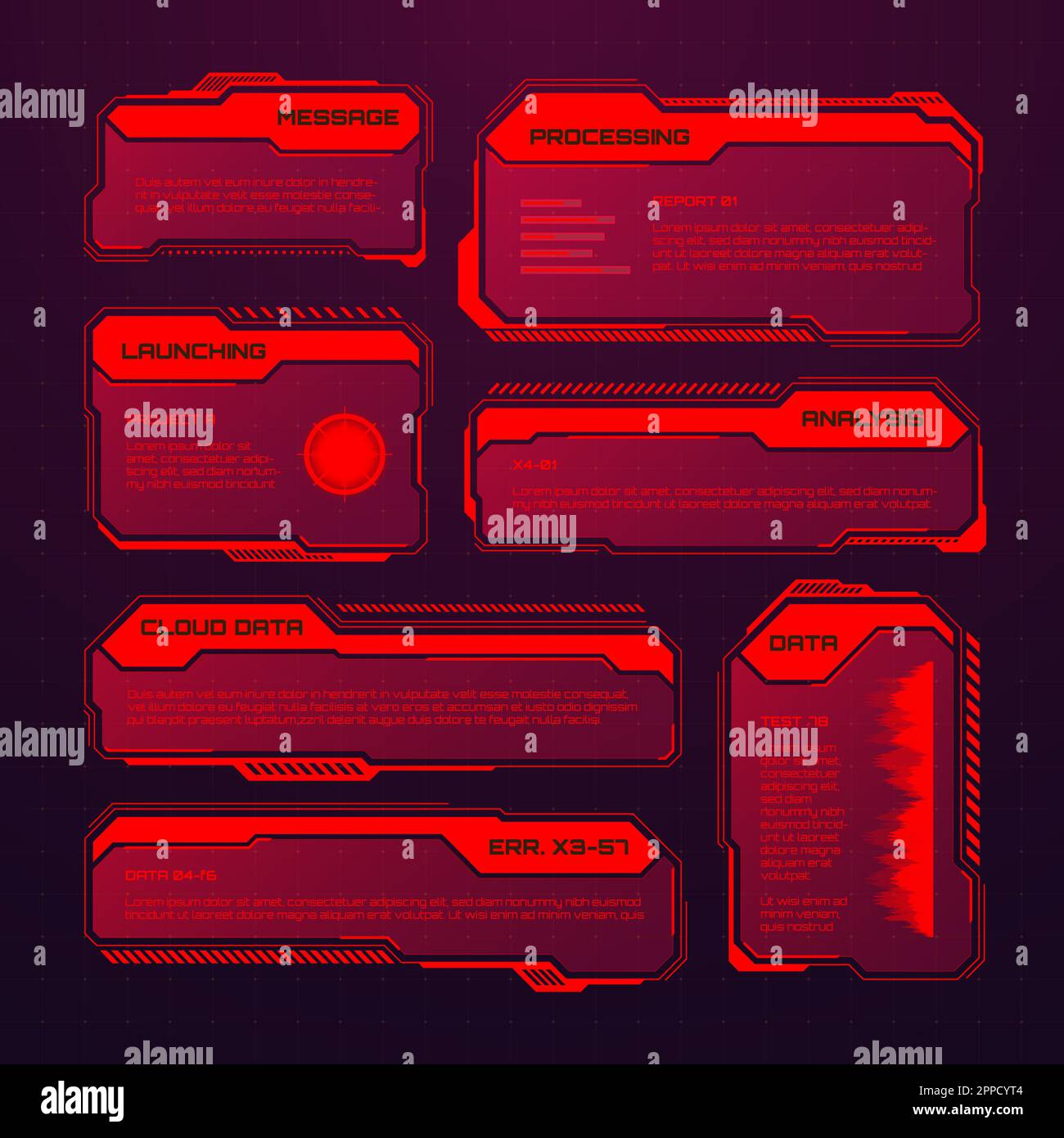Red futuristic HUD or UI elements. Sci-fi user interface text boxes, callouts. Warning message ...