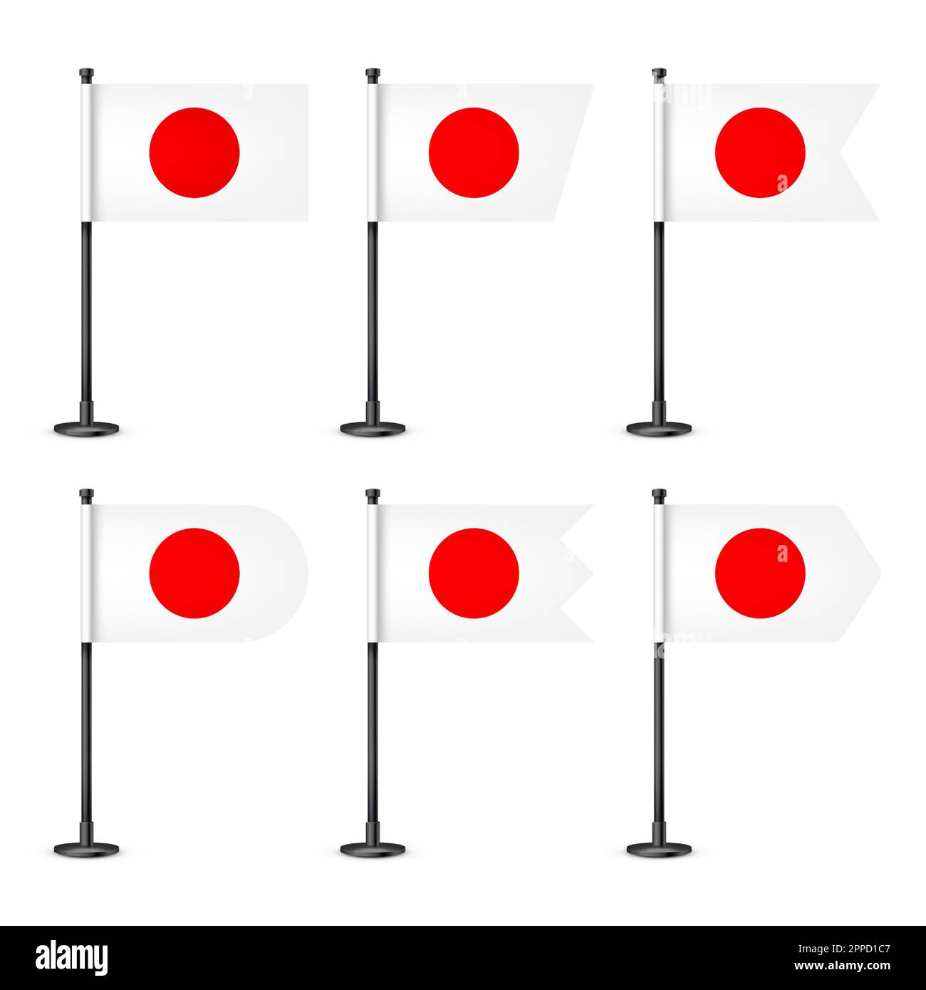 Realistic various Japanese table flags on a black steel pole. Souvenir ...