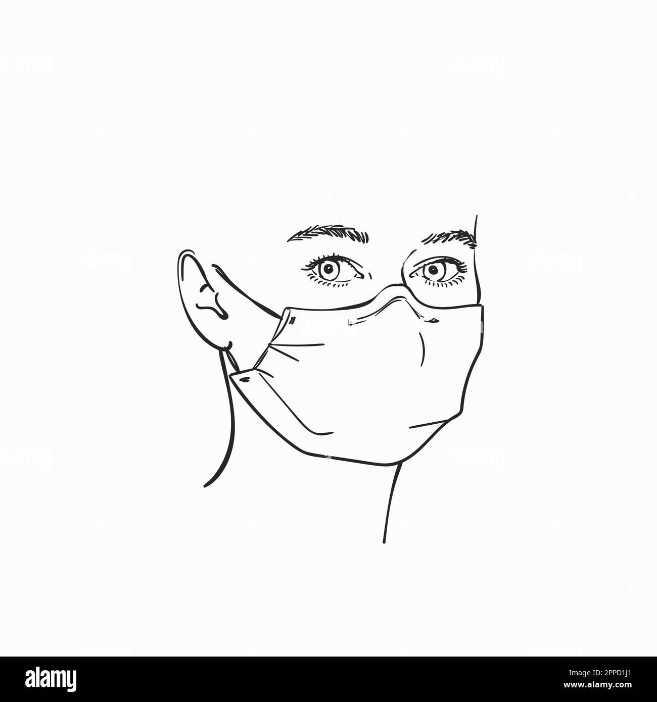 Sketch of woman face in medical mask, Hand drawn linear illustration ...