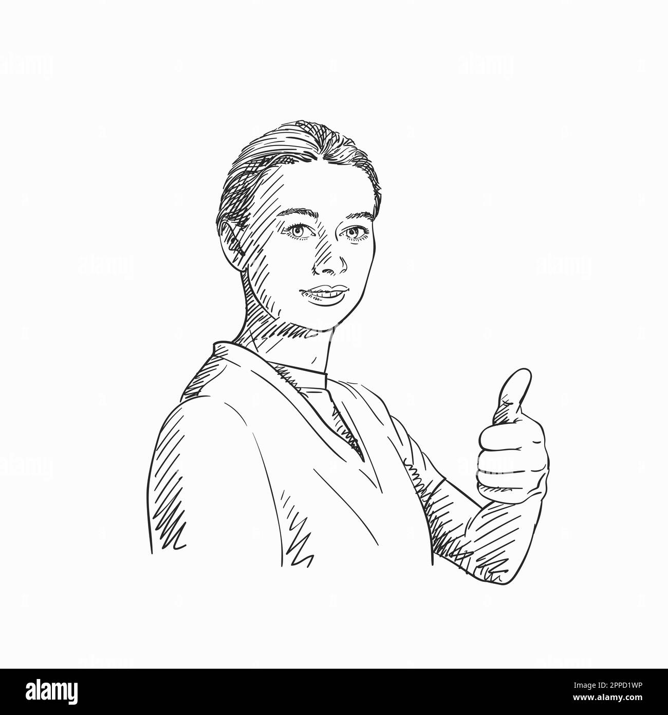 Sketch of young woman showing thumb up gesture, Hand drawn vector ...