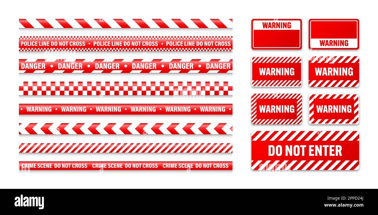 Various barricade construction tapes and warning shields. Red police ...