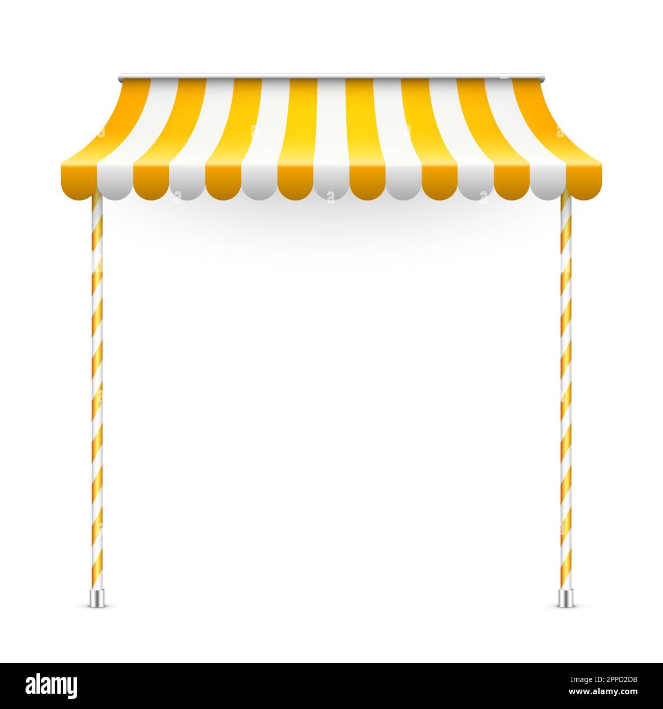 Yellow shop sunshade with stand holders. Realistic striped cafe awning ...