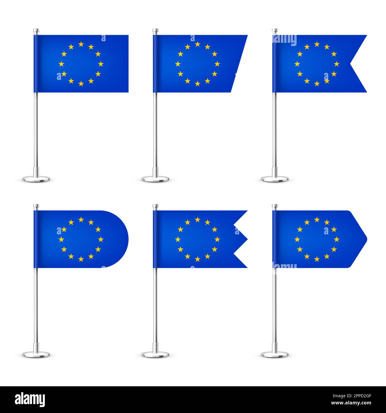 Realistic various European table flags on a chrome steel pole. Souvenir ...