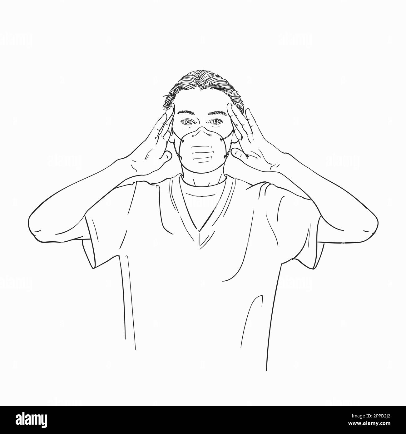 Young woman in medical face mask keeping her palms on head temples and ...