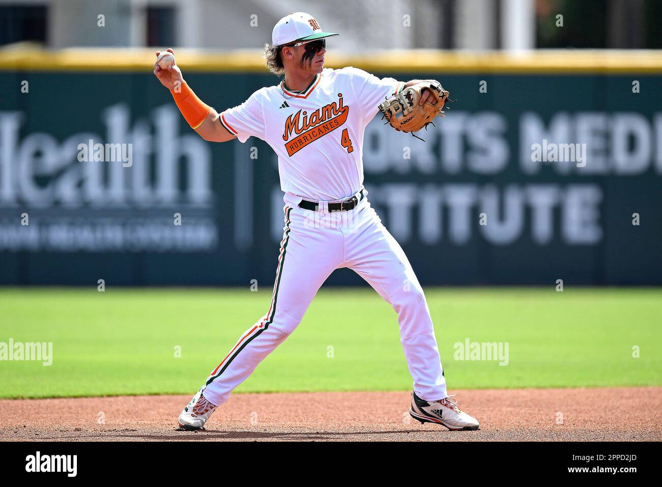 CORAL GABLES, FL - APR 23: Miami infielder Blake Cyr (4) throws to ...