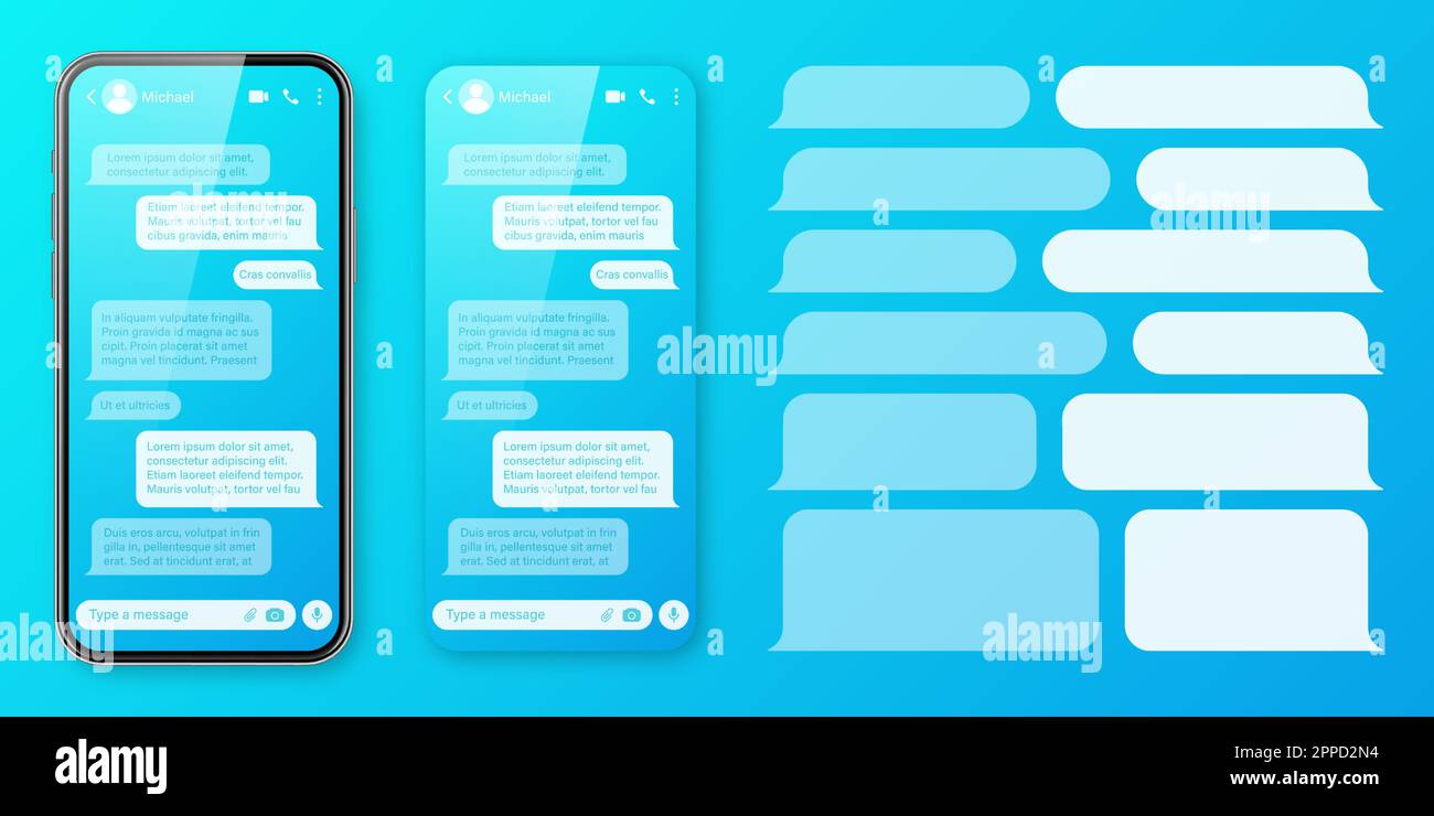 Realistic smartphone with messaging app on colorful blue background ...