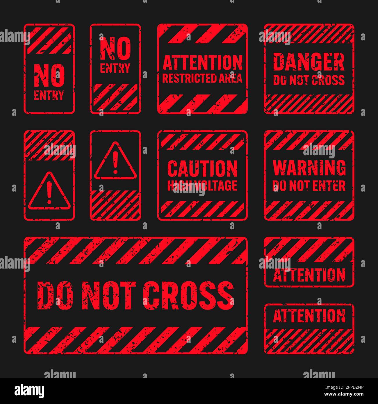 Various red grunge warning signs with diagonal lines. Old attention ...