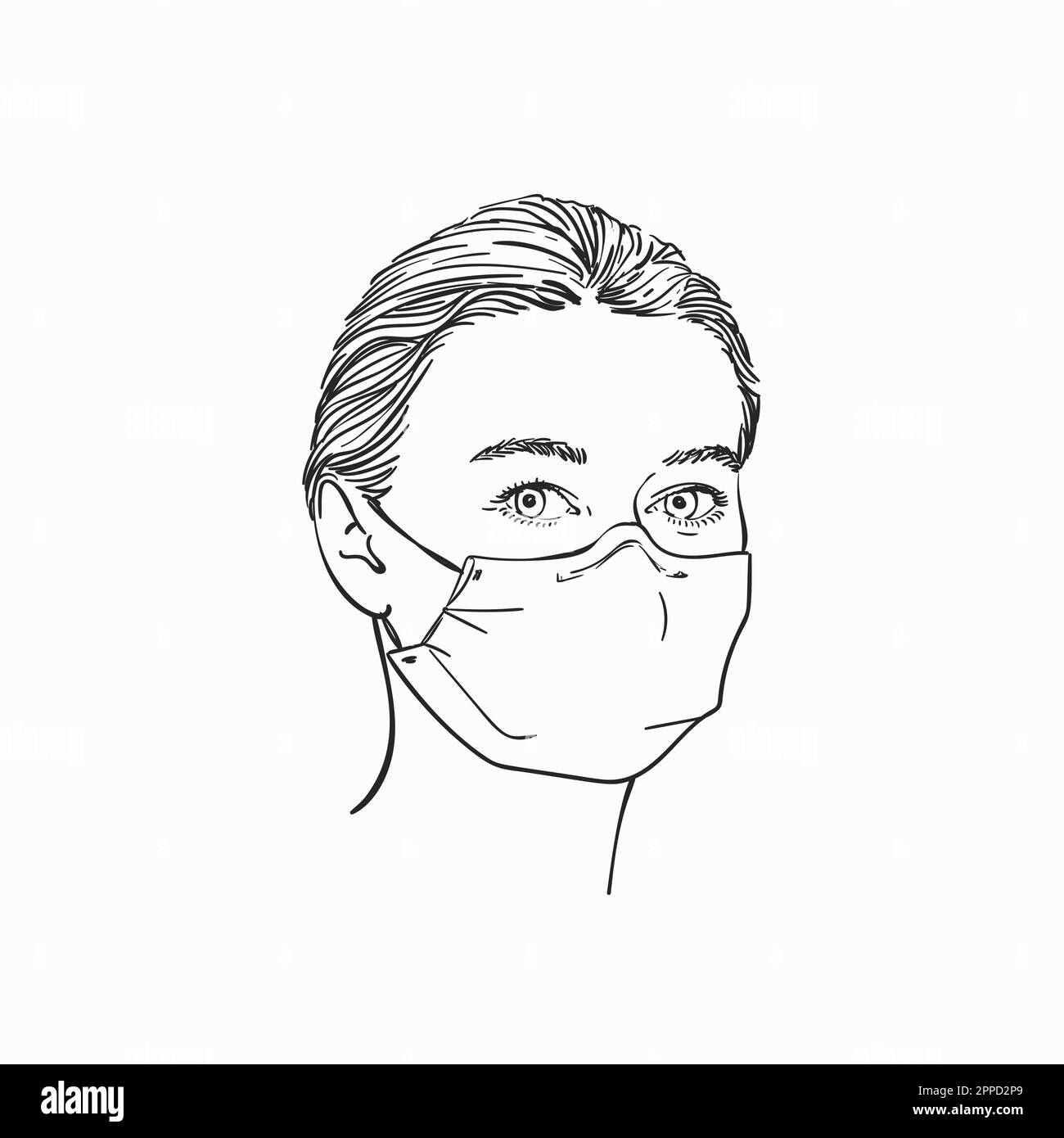 Woman wearing medical face mask, Hand drawn linear portrait, Vector ...